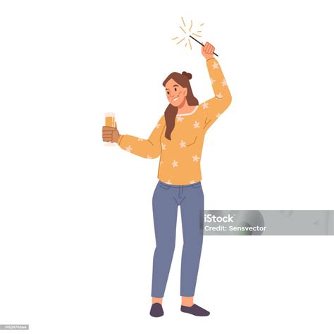 춤을 추고 휴일을 축하하는 여성 인물이 음료와 벵골 불을 손에 들고 있습니다 기분이 좋은 고립 된 여자 쾌활 한 아가씨