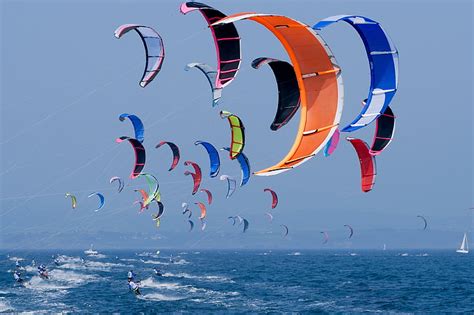 Hd Wallpaper Multicolored Kite Surfing Lot Kitesurfing Sport Sea