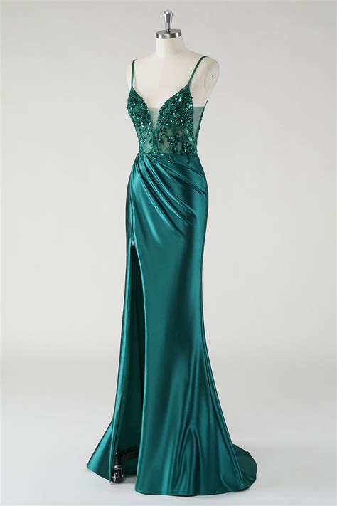 Zapaka Women Sparkly Dark Green Prom Dress With Slit Mermaid Spaghetti