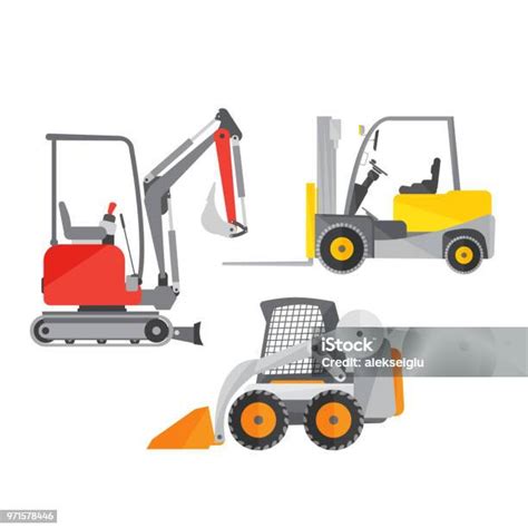 두 미니 트랙터 또는 굴 삭 기 및 1 개의 미니 포크 리프트 트럭의 구조 그림 흙 파는 기계에 대한 스톡 벡터 아트 및 기타 이미지 흙 파는 기계 작은 불도저