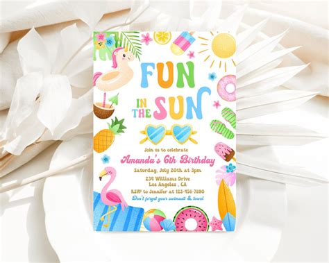 Fun In The Sun Birthday Party Invitation Editable Pool Party Invite