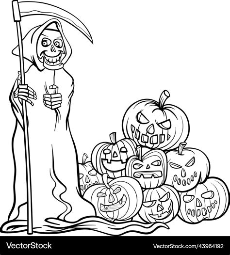 Cartoon Grim Reaper And Pile Of Halloween Vector Image