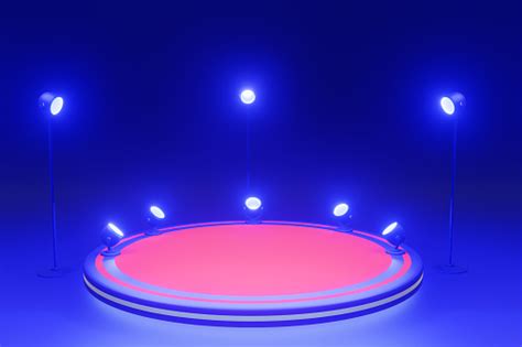 파란색 우승자 무대 조명이 켜진 스포츠 광원이 있는 빈 연단 투광 램프 제품 플랫폼 개념입니다 광고 디스플레이 영사기 3d 렌더링 0명에 대한 스톡 사진 및 기타 이미지