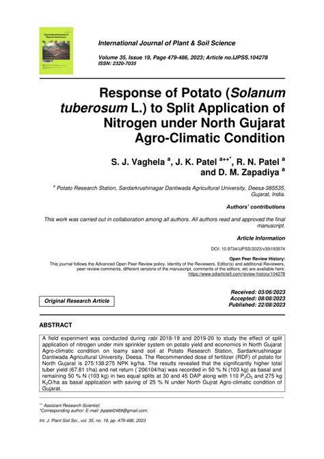 Pdf Response Of Potato Solanum Tuberosum L To Split Application Of Nitrogen Under North