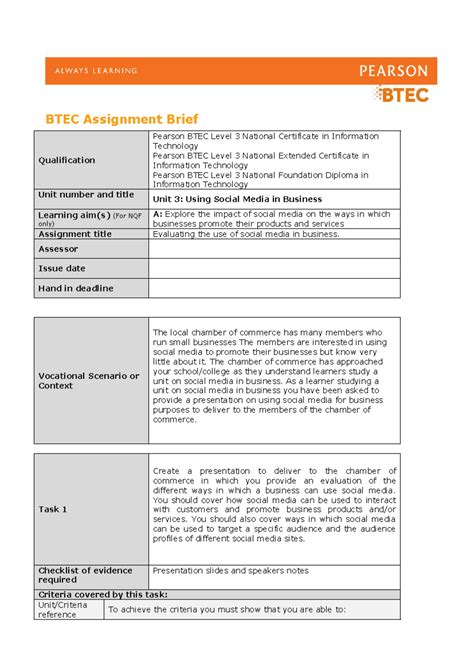 Unit 3 Authorised Assignment Brief For Learning Aim A Using Social Media In Business Version