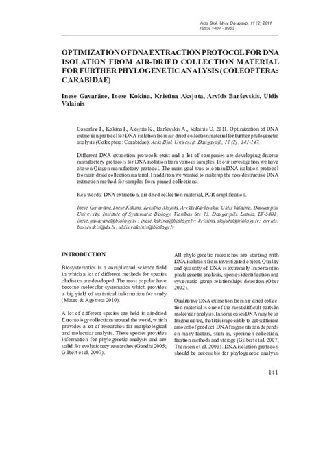 Pdf Optimization Of Dna Extraction Protocol For Dna Isolation From Air Dried Collection