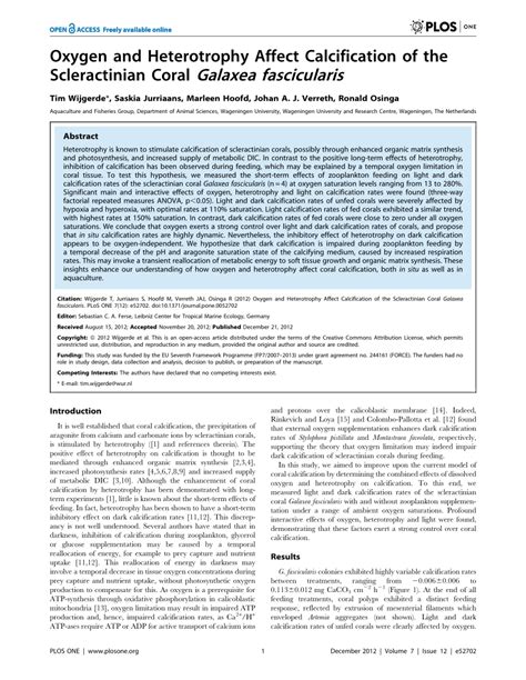 Pdf Oxygen And Heterotrophy Affect Calcification Of The Scleractinian Coral Galaxea Fascicularis