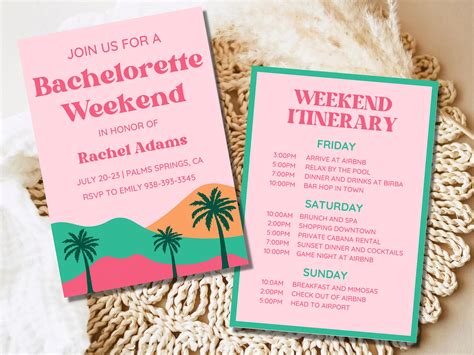 Bachelorette Itinerary Template Bachelorette Weekend Palm Etsy