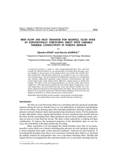 Pdf Mhd Flow And Heat Transfer For Maxwell Fluid Over An Exponentially Stretching Sheet With