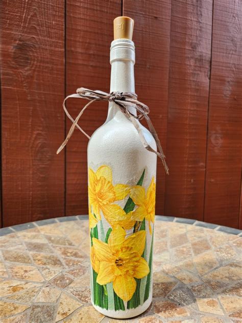 Handmade Decoupage Daffodils Wine Bottle Lamp Centerpiece Etsy