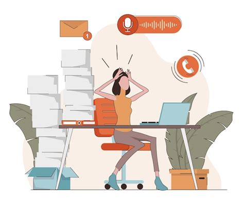 여자는 할 일이 많다 사무실 책상은 서류로 가득 차 있다 프리미엄 벡터