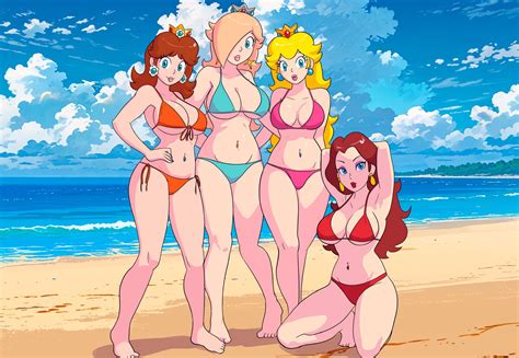Rule 34 4girls Beach Bikini Blonde Hair Breasts Brown Hair Crown