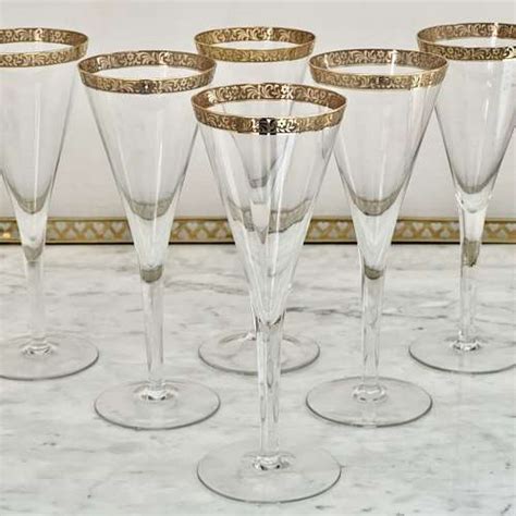 Six Italian Gold Rim Champagne Flutes Circa 1970s In Antique Wine
