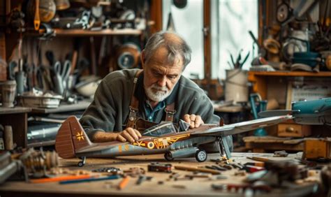 A Man Assembling A Model Airplane At His Cluttered Workbench Deeply