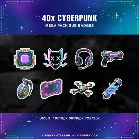 Cyberpunk Twitch Sub Badges 40 Neon Pixel Art Icons Digital Download
