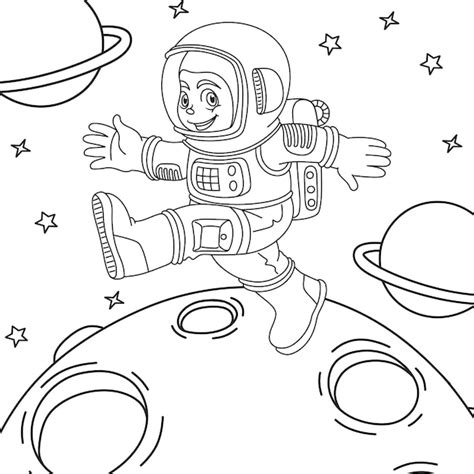 Livro de colorir para crianças astronauta andando na lua Vetor Premium