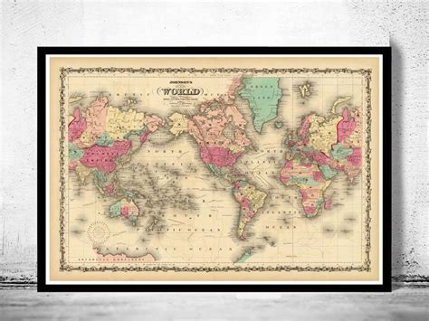 Vintage World Map 1860 Mercator Projection Fine Reproduction
