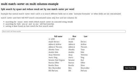 Match Sorter Example Forked Codesandbox