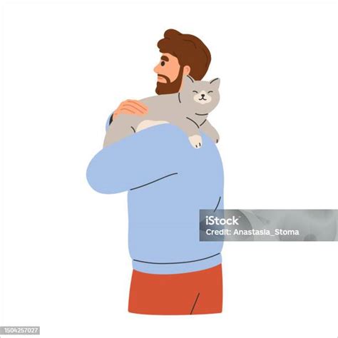남자 어깨에 누워 있는 귀여운 행복한 고양이 사랑스럽고 사랑스러운 고양이를 돌보는 남자 가정 생활에 대한 스톡 벡터 아트 및
