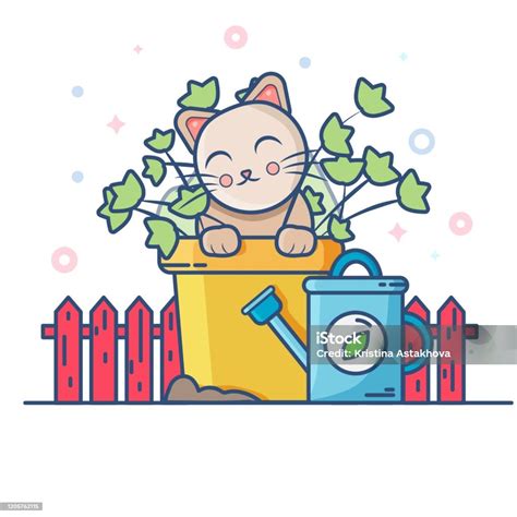 흰색 배경에 꽃냄비에 귀여운 고양이 여름 정원 급수 캔 화분 윤곽 벡터 그림과 만화 스타일 애완고양이에 대한 스톡 벡터 아트 및
