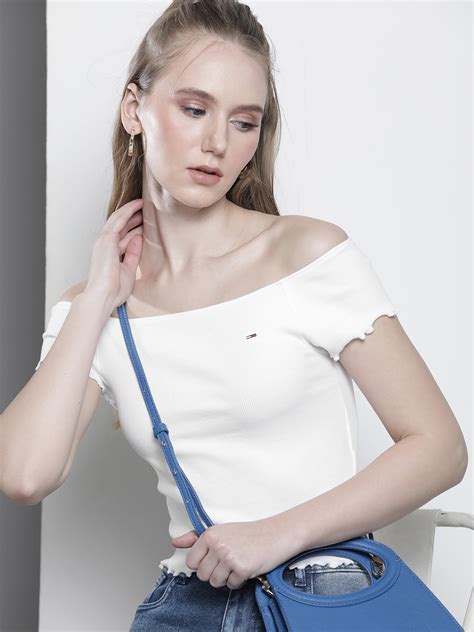 Buy Tommy Hilfiger Ribbed Off Shoulder Crop Top With Lettuce Edges