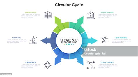아이콘을 가리키는 화살표가 있는 원형 원형 차트입니다 재정적으로 성공적인 시작 프로젝트의 6가지 기능 또는 옵션의 개념 비즈니스 정보 분석을 위한 현대 플랫 벡터 그림입니다