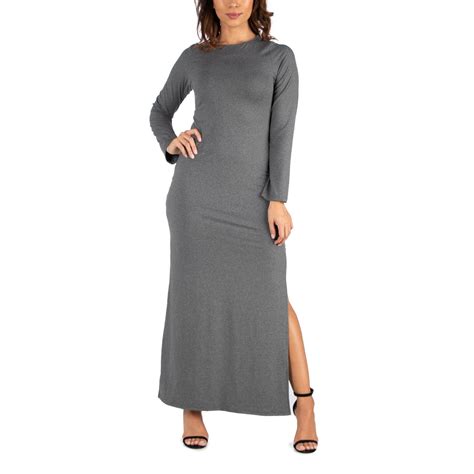 24seven Comfort Apparel Long Sleeve Side Slit Fitted Black Maxi Dress