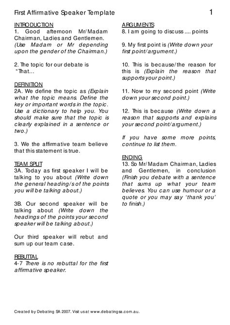 Speech Structure Template First Affirmative Speaker Template 1