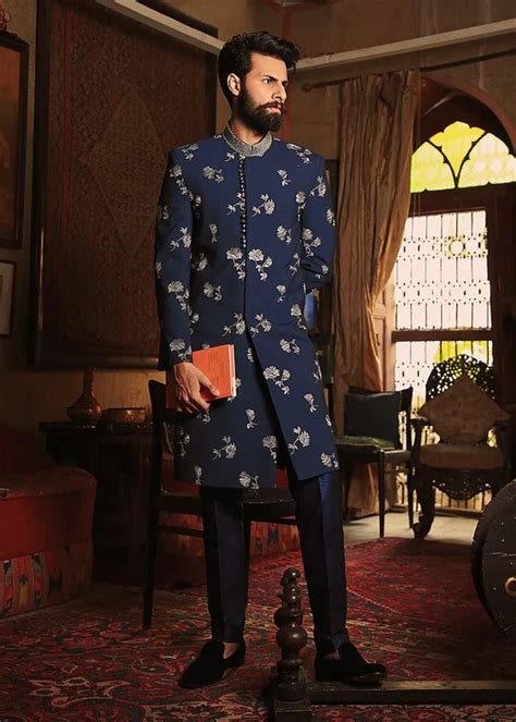 Blue Silk Hand Embroidered Sherwani Set With Pants Sherwani Set For Groom African Men