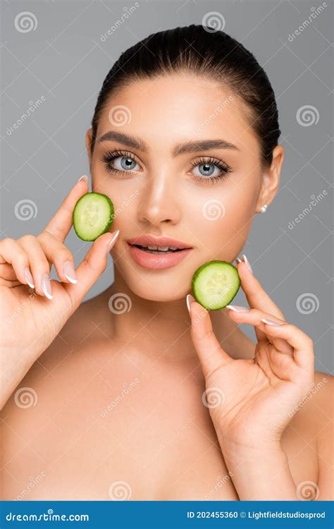 Woman With Naked Shoulders And Cucumber Stock Photo Image Of Background Body