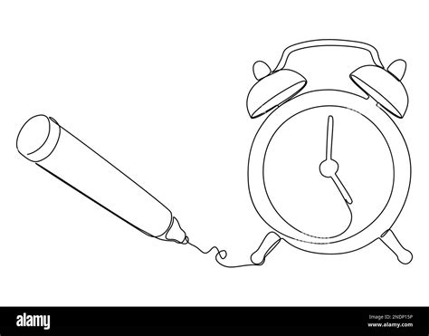 One Continuous Line Of Alarm Clock Drawn With A Pencil Felt Tip Pen