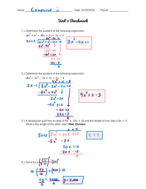 Completed Unit 3 Benchmark Algebra 2 Trig Name