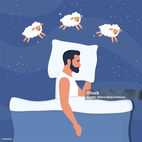 사람은 잠들고 꿈을 꾸고 양을 센다 불면증과 수면 장애 남자는 침대에 누워 있고 양들은 뛰어 다니고 있습니다 별과 어두운 공간