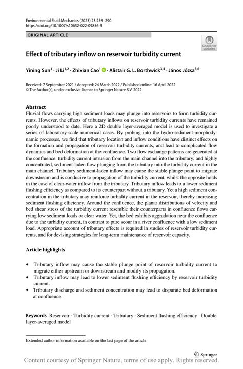 Effect Of Tributary Inflow On Reservoir Turbidity Current Request Pdf