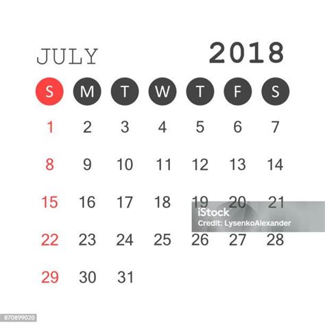 7 月 2018年日曆日曆策劃設計範本周從星期日開始商業向量插畫向量圖形及更多2018圖片 2018 一週 七月 Istock