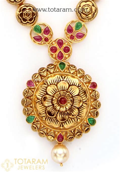 22k Gold Necklace With Beads And Culture Pearl Temple Jewellery 235