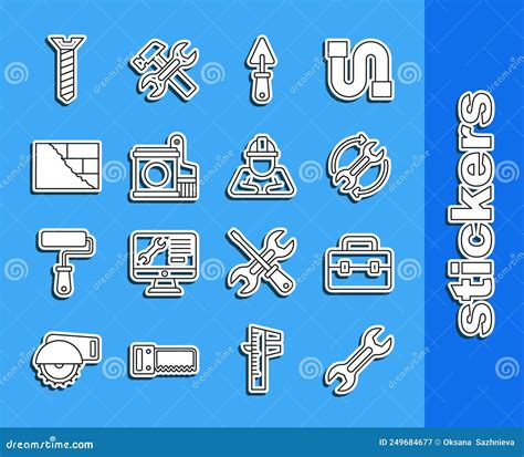 Set Line Wrench Spanner Toolbox And Arrows As Workflow Trowel Paint Bucket Brush Bricks
