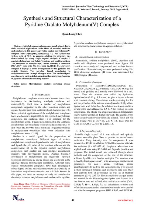 Pdf Synthesis And Structural Characterization Of A Pyridine Oxalato Molybdenumv Complex