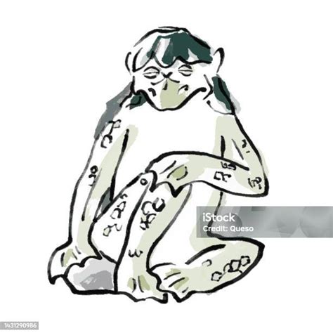 Simple Color Japanese Illustration In Hair Brush Full Body Of A Sitting Kappa Rough Yokai With