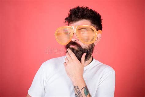 Man Bearded Hipster Wears Giant Louvered Sunglasses Optics And Eye