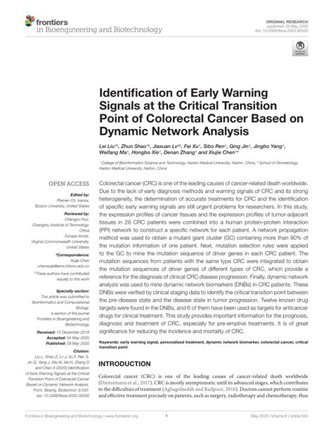 Pdf Identification Of Early Warning Signals At The Critical Transition Point Of Colorectal