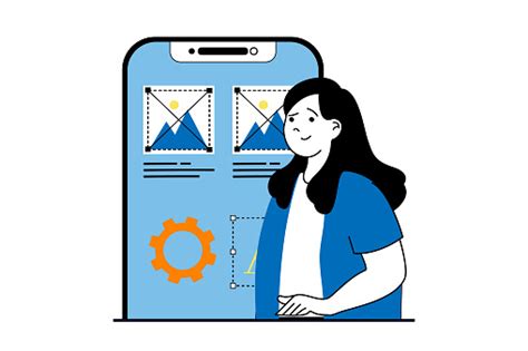 플랫 웹 디자인에서 사람들 장면이 있는 앱 개발 개념입니다 와이어프레임 Gui 프로토타입을 디자인하고 요소와 콘텐츠를 배치하는 여성 소셜 미디어 배너 마케팅 자료에 대한