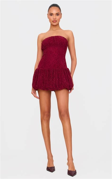 Cherry Red Lace Bandeau Ruched Mini Dress Dresses Prettylittlething