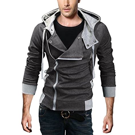 Djt Mens Oblique Zipper Hoodie Casual Top Coat Slim Fit Jacket Grey S