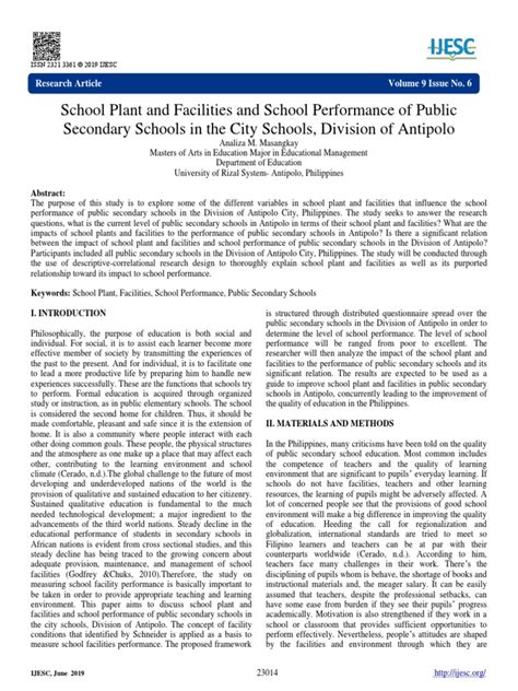 School Plant And Facilities And School Performance Of Public Secondary Schools In The City