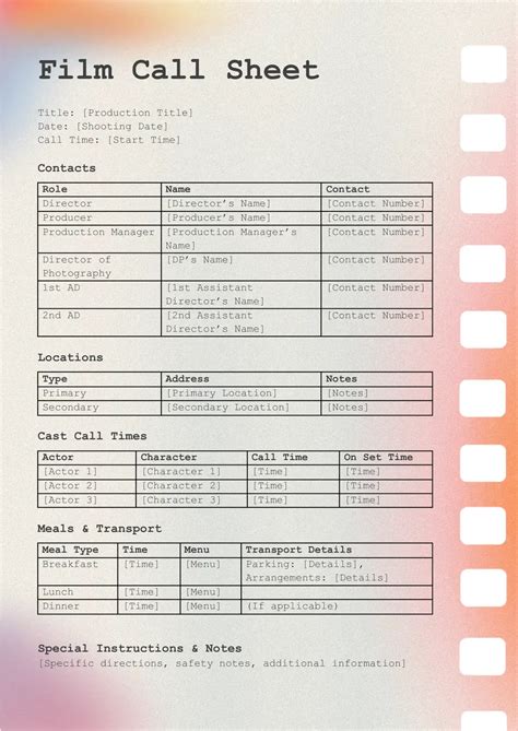 Free Film Call Sheet Template For Google Docs