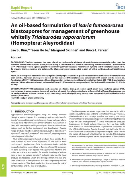 Pdf An Oil Based Formulation Of Isaria Fumosorosea Blastospores For