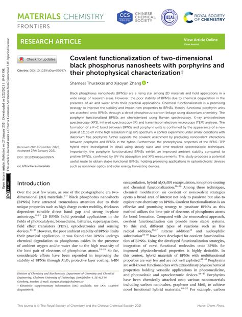 Pdf Covalent Functionalization Of Two Dimensional Black Phosphorus