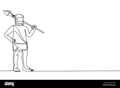 Single One Line Drawing Caveman Holding Stone Spear On Shoulders