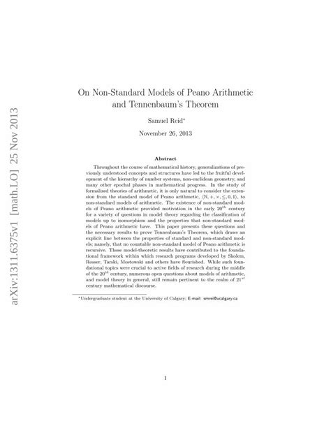 Pdf On Non Standard Models Of Peano Arithmetic And Contactsucalgary